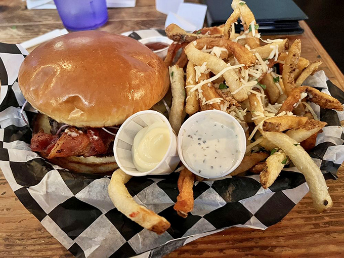 Fries that could stand alone as a meal accompany this beauty. The perfect burger-fry relationship&mdash;supportive yet independent.