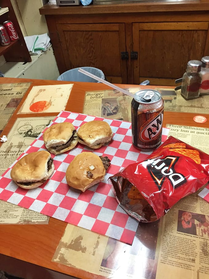 The full Cozy experience: sliders, chips, and a cold drink. No fancy plating needed when the flavors speak volumes on their own.