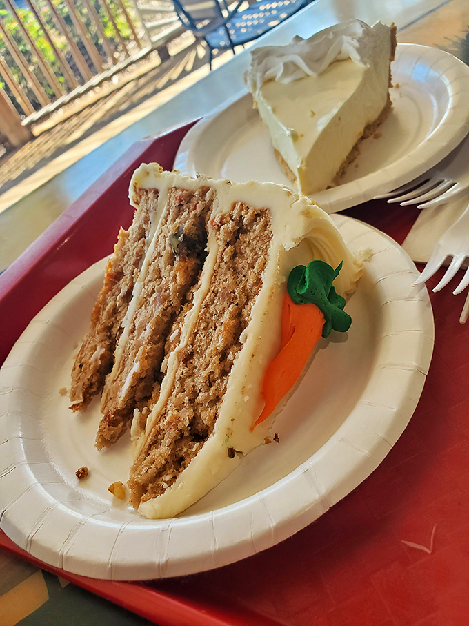 Carrot cake with cream cheese frosting and an adorable marzipan carrot. Three layers of spiced perfection that somehow convinces you it's practically a vegetable.