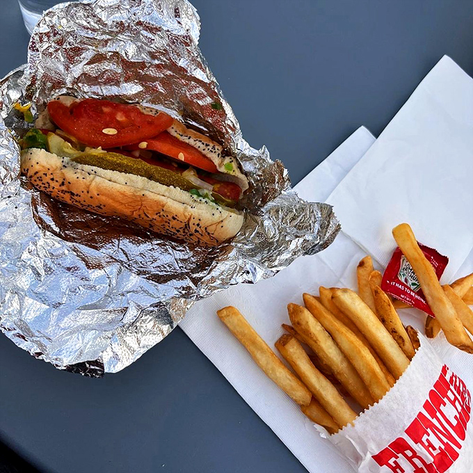 The classic Chicago dog in all its glory&mdash;a symphony of toppings on that distinctive poppy seed bun, with fries playing backup.