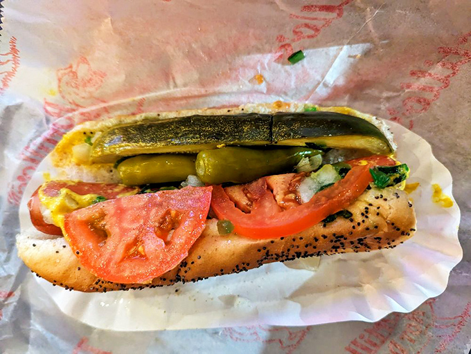 The Chicago-style hot dog&mdash;a garden on a bun. Notice what's missing? Ketchup would be considered a felony in the Windy City.