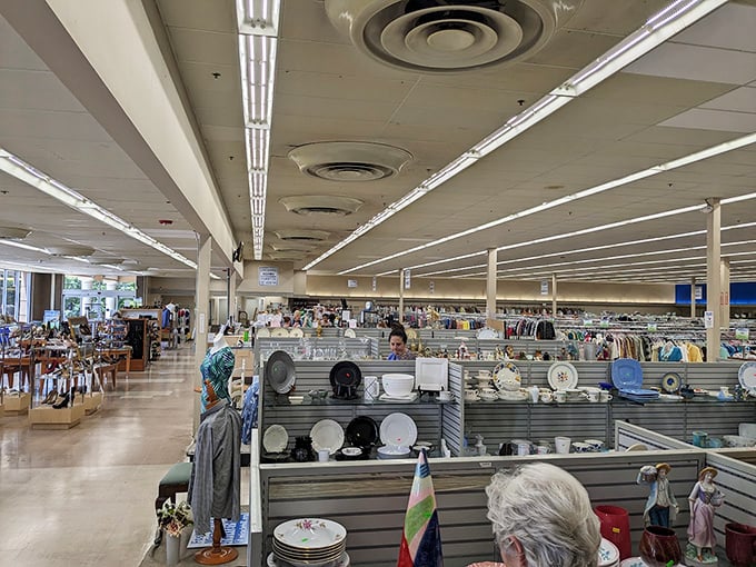The dishware section offers a crash course in American design history. That floral plate might have served Thanksgiving turkey during the Nixon administration.