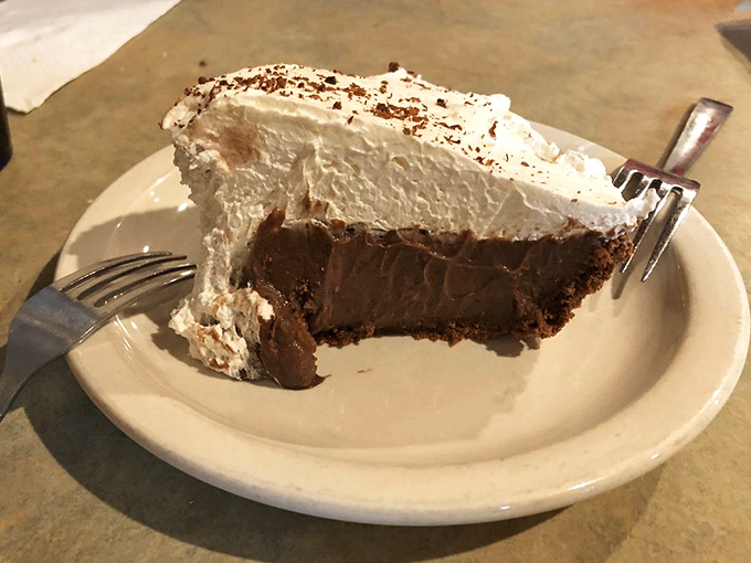 Chocolate cream pie with a cloud of whipped topping so perfect it makes you wonder why anyone bothers with fancy desserts.