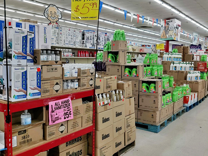 Cleaning supplies stacked to the ceiling&mdash;like a fortress built to defend your home against grime while protecting your bank account.