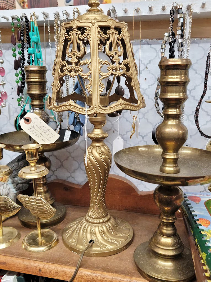 This ornate brass lamp once illuminated conversations in parlors where people actually talked to each other. Alexa could never compete with this ambiance.