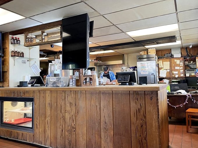 The counter where barbecue dreams come true. Notice the well-worn wood&mdash;that's not decoration, that's a patina of decades of excellence.