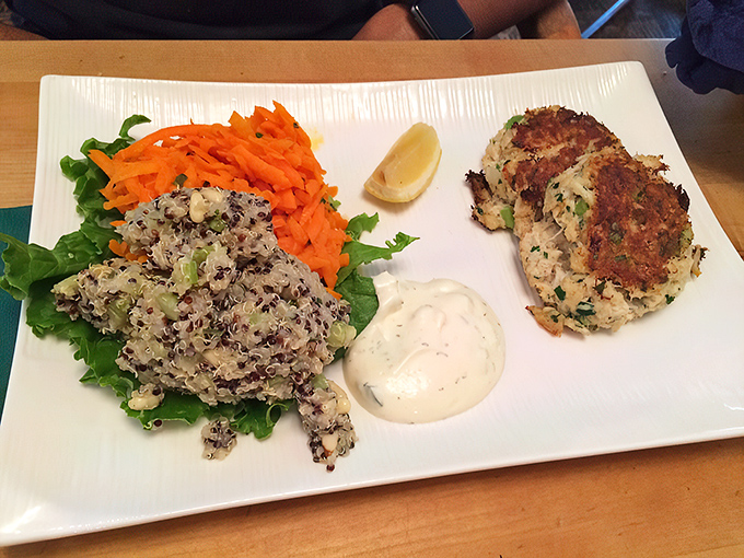 Crab cakes that actually taste like crab&mdash;what a concept!&mdash;paired with quinoa and carrots for a plate that's both virtuous and indulgent.