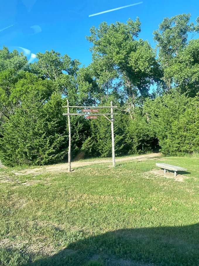 The entrance to Crystal Trail promises 1.5 miles of natural therapy. No copay required, just comfortable shoes and an open mind.