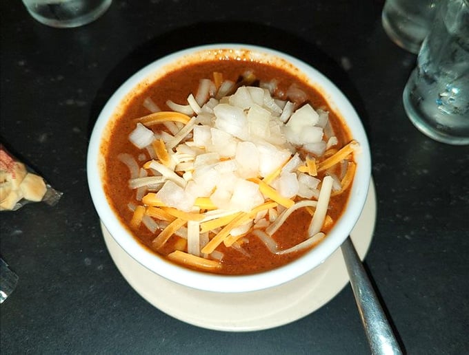 Chili topped with cheese and onions&mdash;proof that sometimes the most satisfying foods are the ones that don't need to show off with fancy plating.