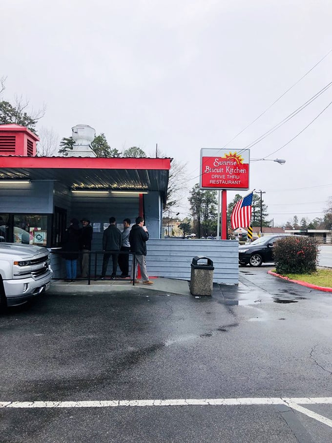 Rain or shine, these devoted biscuit pilgrims make their morning journey. The line moves quickly but the memory lingers.