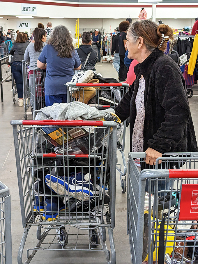 Shopping carts brimming with potential treasures&mdash;the thrift store equivalent of a successful fishing expedition.