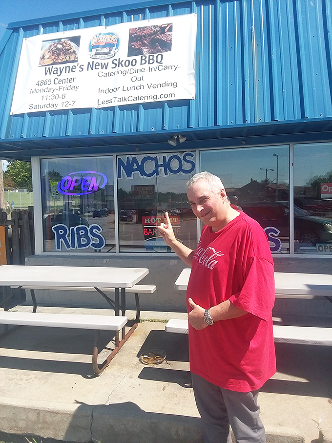 Outside the blue haven of barbecue excellence, where smoke dreams come true. Sometimes the best food comes from the most unassuming places.