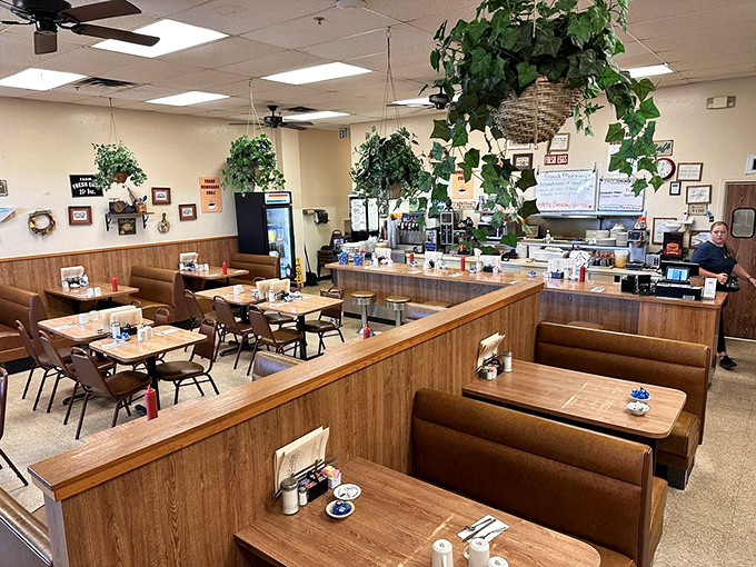 A dining room that says, "Stay awhile, have another cup." No designer needed when you've got hanging plants and wood paneling creating instant comfort.