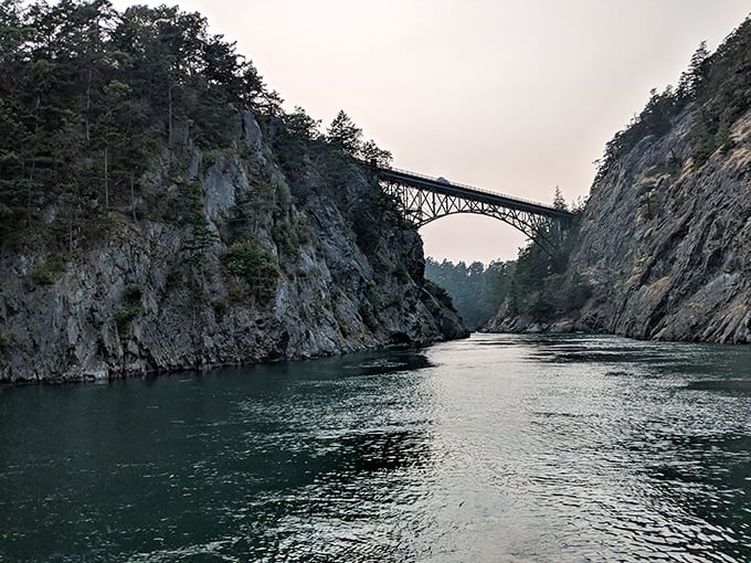 Deception Pass Bridge spans a dramatic gorge where currents swirl below like nature's own lava lamp.