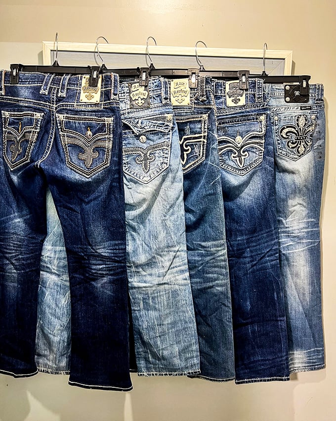 The wall of denim dreams! From Rock Revival to Miss Me, these embellished back pockets tell tales of fashion eras gone by.