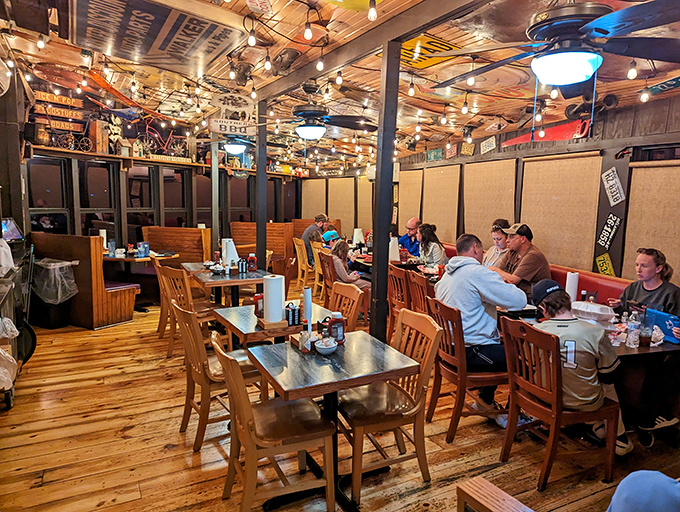 The ceiling's kaleidoscope of Americana creates a breakfast club where even the most rigid schedule-keeper will linger over that last cup of coffee.