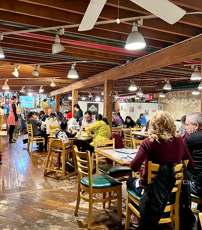 Weekend warriors gather in this rustic basement, united by the universal language of "pass the maple syrup, please."