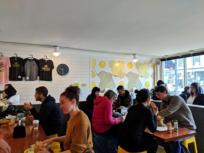 Where breakfast enthusiasts gather like devoted fans at a sold-out show. The collective joy of impending sandwich bliss fills the air.