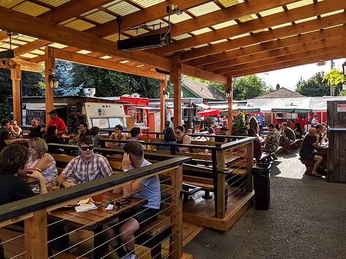 Happiness is a full picnic table at Matt's BBQ. The covered seating area buzzes with the universal language of "mmm" and "wow."