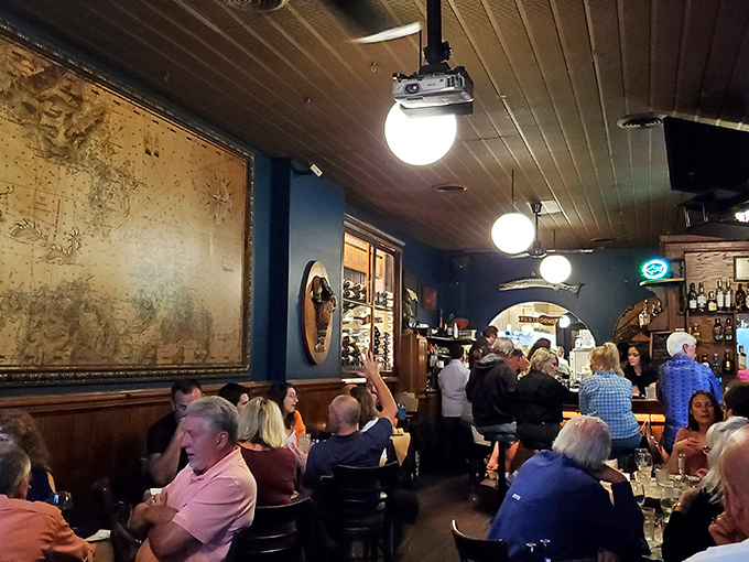 A bustling dining room where conversations flow as freely as the wine, creating that perfect restaurant symphony.