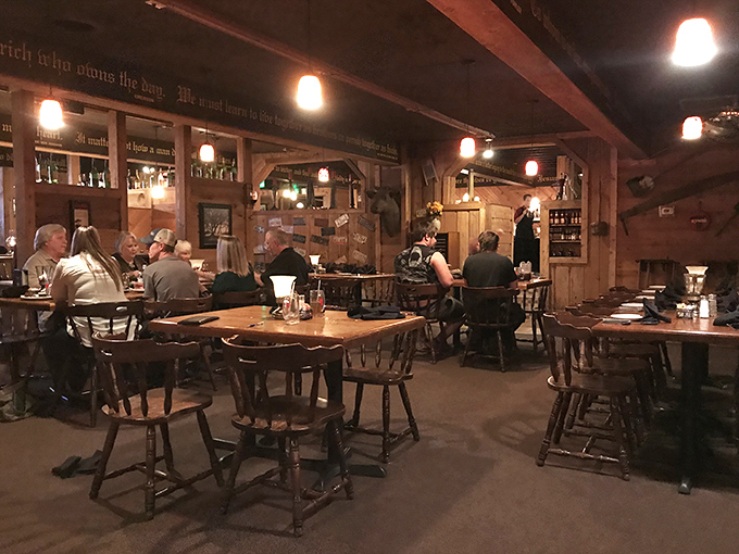 Diners gather in this wood-paneled sanctuary where conversations flow as smoothly as the bourbon and beers.