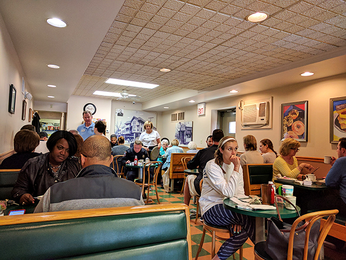 Morning democracy in action: suits, scrubs, and t-shirts all united by the universal language of "pass the syrup, please."