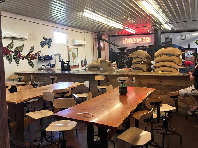 Wooden tables, industrial chairs, and coffee sacks create the perfect backdrop for Maryland's most important morning meetings.