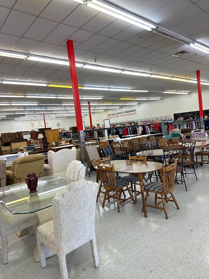 Dining sets gather like guests at a furniture cocktail party. That round oak table has probably hosted thousands of family dinners and homework sessions. 