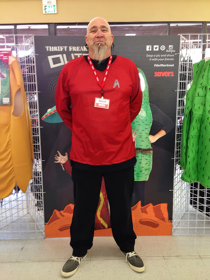 Even the staff embraces the thrift store spirit, with this Star Trek-inspired ensemble proving fashion can boldly go where no wallet has gone before.