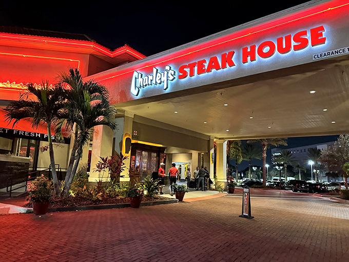 Glowing like a beacon for the beef-obsessed. Charley's red-lit exterior signals that serious steak business happens inside these walls.