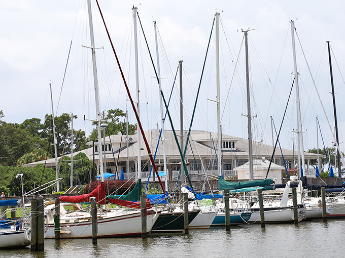 Fly Creek Marina showcases Fairhope's nautical soul, where sailboat masts create a forest of spires against the coastal Alabama sky.