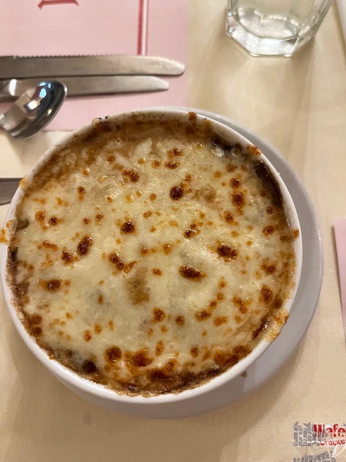 French onion soup with a cheese cap so perfectly browned it deserves its own Instagram account. Comfort in a crock, bubbling with promises.