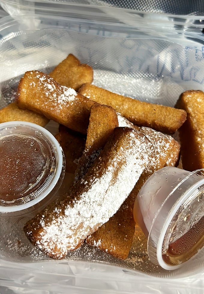 French toast sticks: breakfast reimagined as finger food. Perfect for dipping, dunking, and making adults feel like kids again without judgment.