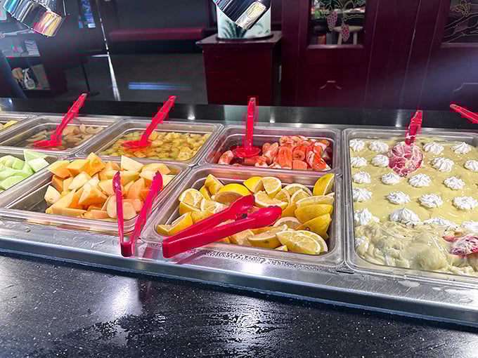 The fruit station offers a strategic palette cleanser between trips to more indulgent territories.