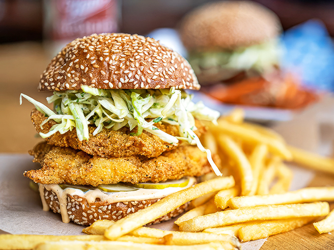 A sandwich that requires both hands and your full attention&mdash;crispy catfish and crunchy slaw creating the perfect textural tango.