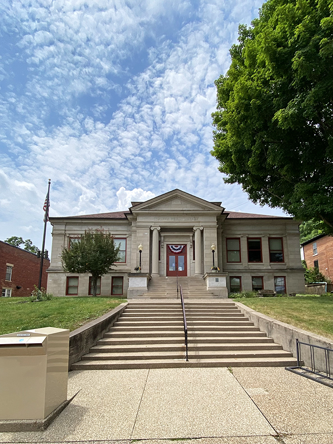 Galena's library invites bibliophiles under classical columns that suggest the knowledge inside deserves nothing less than architectural grandeur.