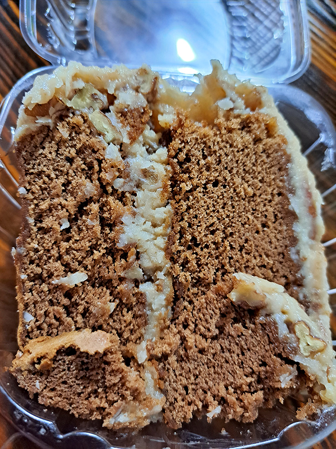 A slice of homestyle chocolate cake that reminds you why dessert is never just an afterthought at the best seafood joints.