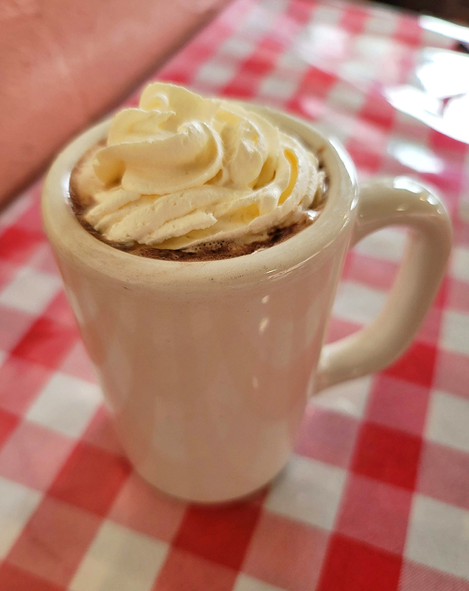 Hot chocolate topped with a cloud of whipped cream&mdash;the kind that makes you wonder why adults ever stopped ordering it.