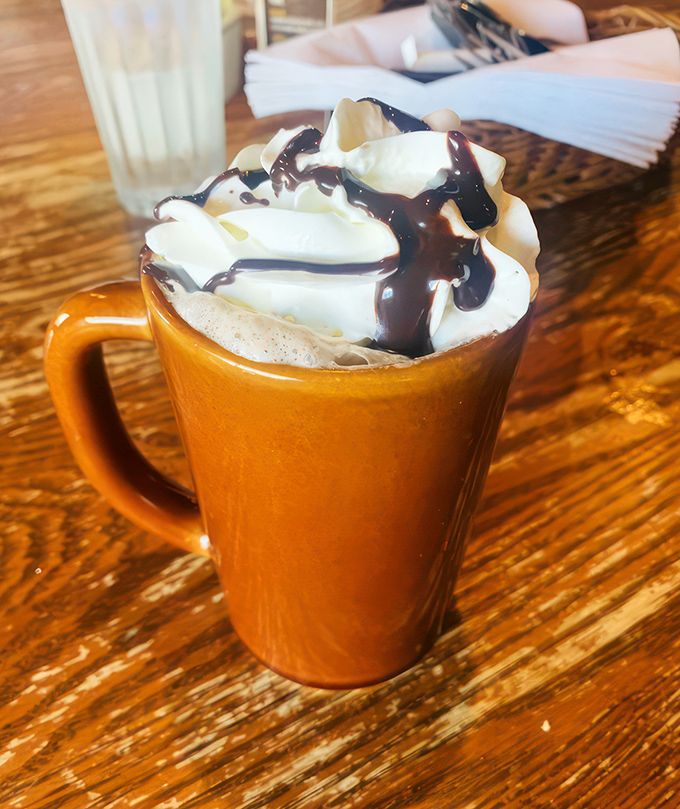 Not just hot chocolate, but a warm hug in a mug. That whipped cream mountain topped with chocolate drizzle is pure dessert disguised as a beverage.