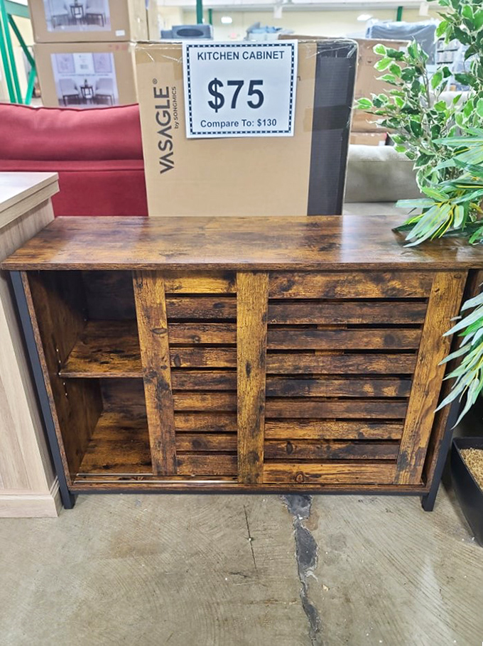 Rustic kitchen cabinet with character to spare. At $75 instead of $130, farmhouse chic doesn't require actual farm income.