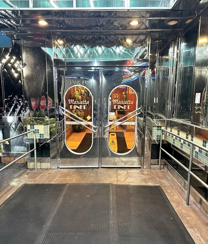 The chrome entrance gleams like the pearly gates to comfort food heaven. Even the doors look delicious.