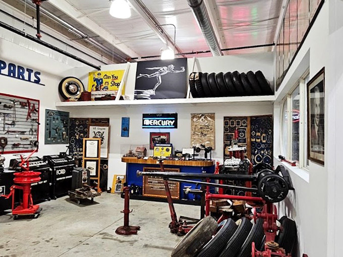 The recreated mechanic's workshop captures a time when fixing cars meant getting your hands dirty, not plugging in a computer. Old-school craftsmanship on display.