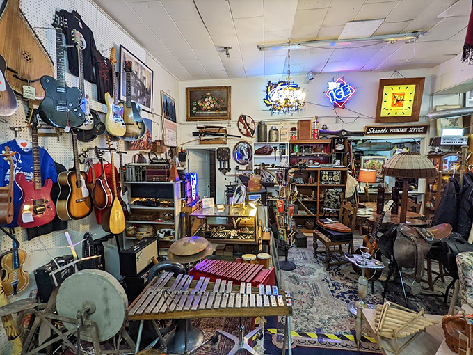 A musician's dream corner where vintage guitars wait silently for their next gig, surrounded by the percussion section of yesteryear.