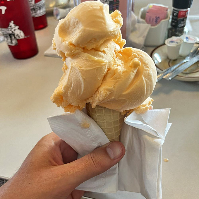 Ice cream so rich and creamy it belongs in Fort Knox, stacked high on a cone and demanding to be eaten before gravity does its thing.