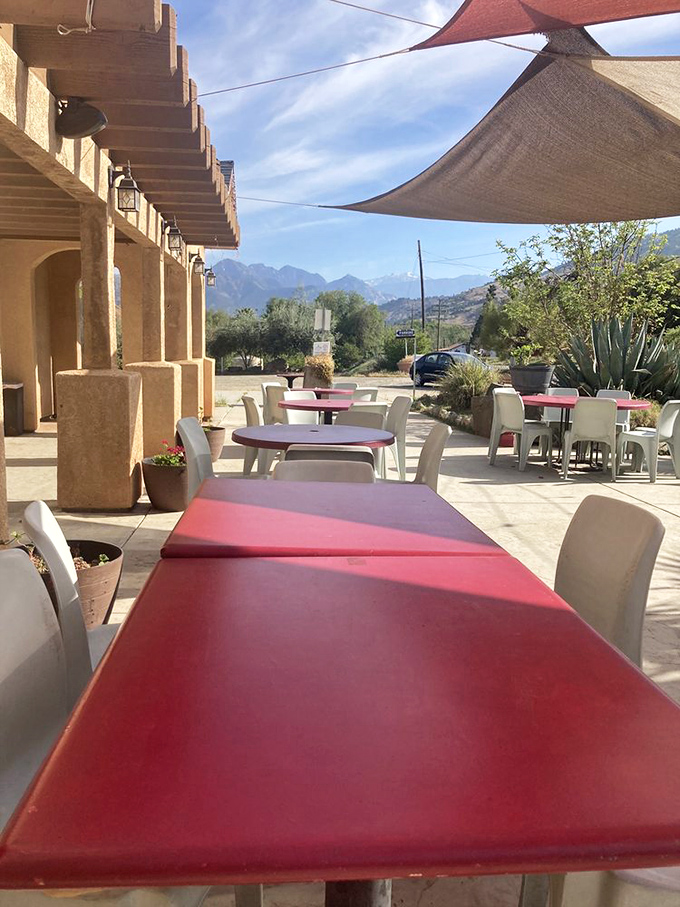 Those red tables aren't just for show &ndash; they're front-row seats to a Sierra mountain panorama that no five-star city restaurant could ever match.