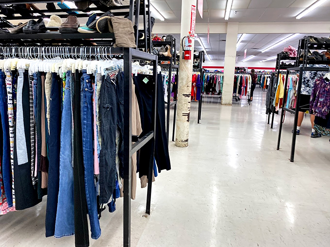 Denim paradise awaits the patient hunter. These racks hold everything from dad jeans to designer cuts, all waiting for their perfect match.