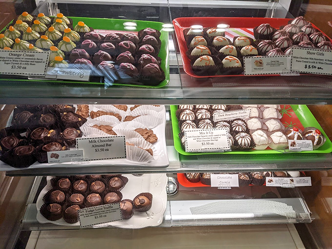 The chocolate display case: where diets go to die and happiness begins. Each little morsel is a ticket to temporary bliss.