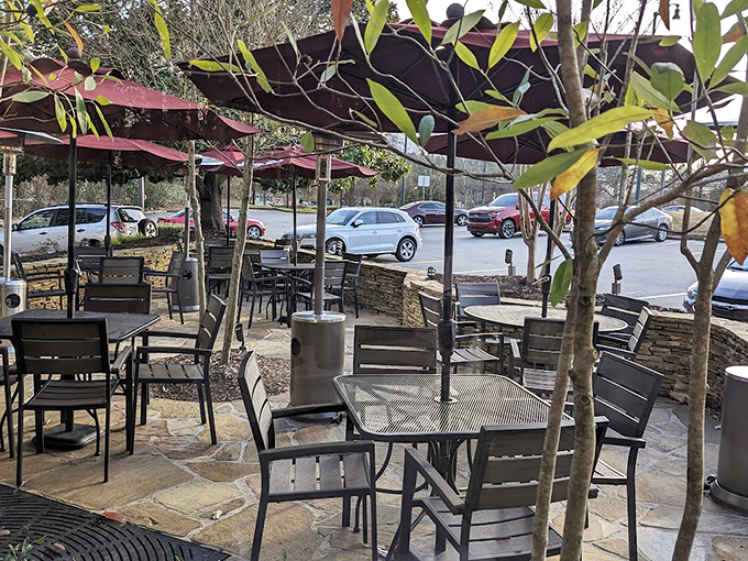 The stone patio offers al fresco dining where Georgia weather and steakhouse classics create a beautiful outdoor romance.