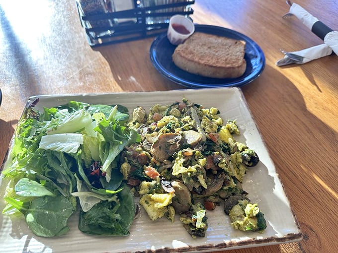 Eggs scrambled to perfection alongside a citrus-kissed salad. The plate that proves breakfast and lunch should always be friends.
