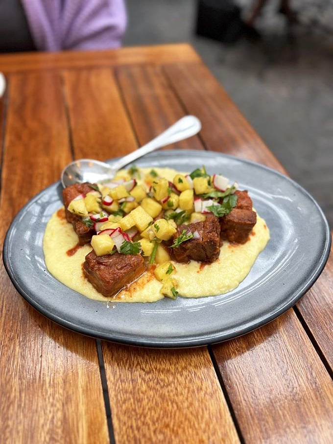 Meat that's had a proper spa treatment of slow cooking until it surrenders completely. Served on creamy polenta that's essentially savory quicksand.